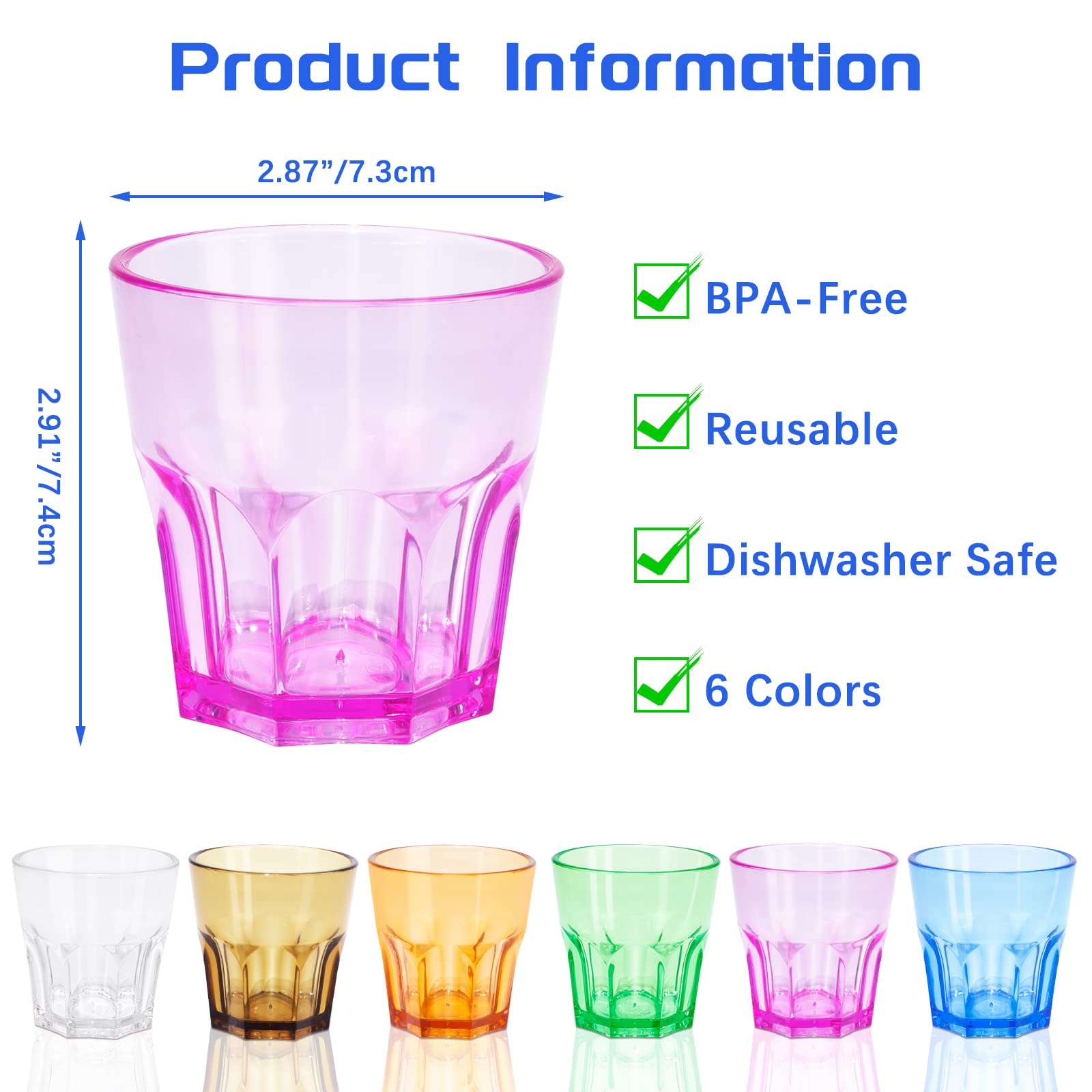 Colored Acrylic Glasses Drinkware, Unbreakable Glasses Drinking Set of 6, Plastic Cups Reusable, Dishwasher Safe, Small Water Tumbler Cups for Kids Picnic Christmas Gift Party Juice Whiskey Wine