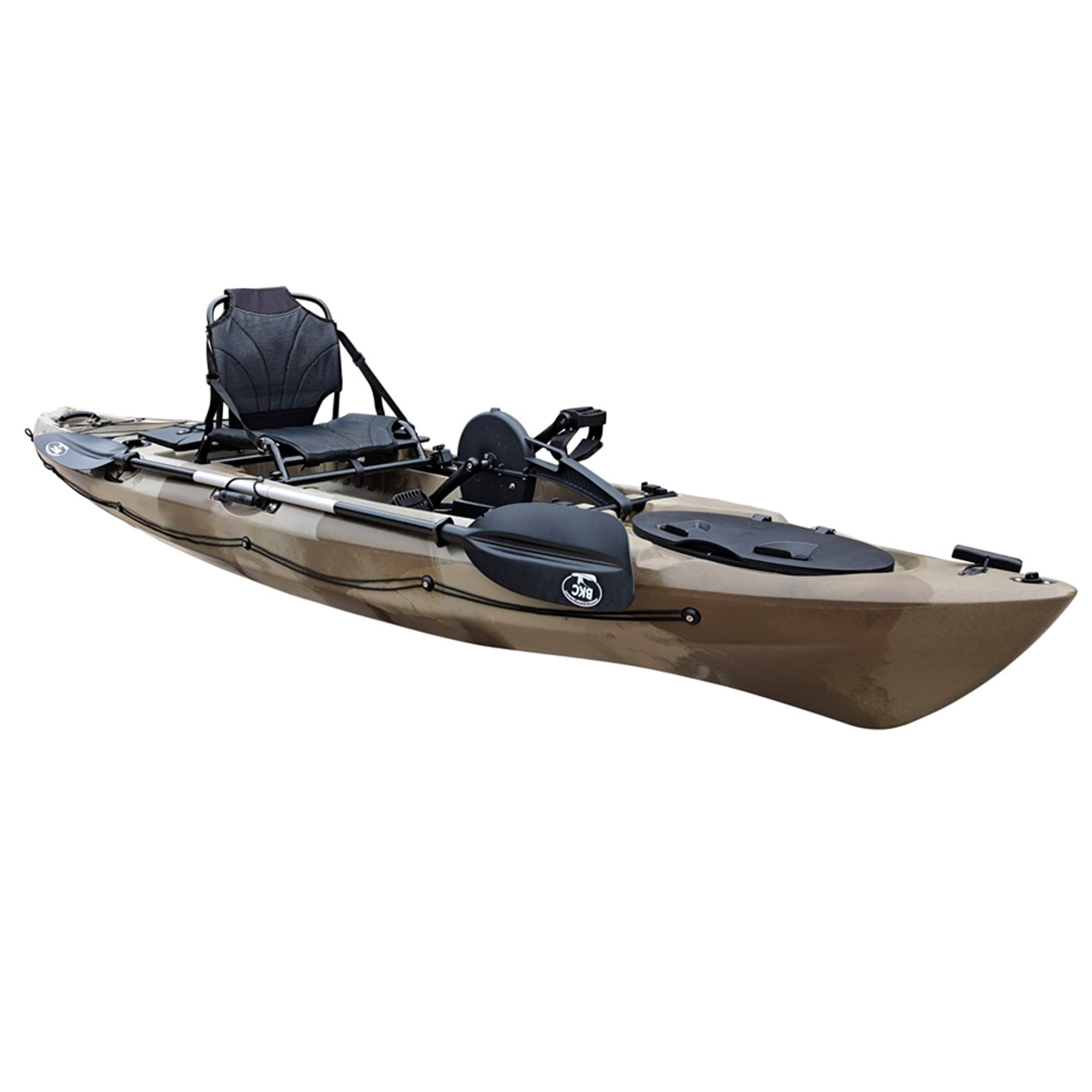 BKC PK12 Angler 12' Solo Sit-On-Top Fishing Kayak, Propeller-Drive w/Instant Reverse Pedal Drive, Rudder System, Paddle, and Upright Aluminum Frame Backrest Support Seat