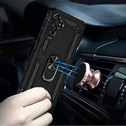PT Tempered Glass + Shockproof Ring Kickstand Cover Phone Case for Samsung Galaxy A14 5G SM-S146VL + Gift Stand (Black)
