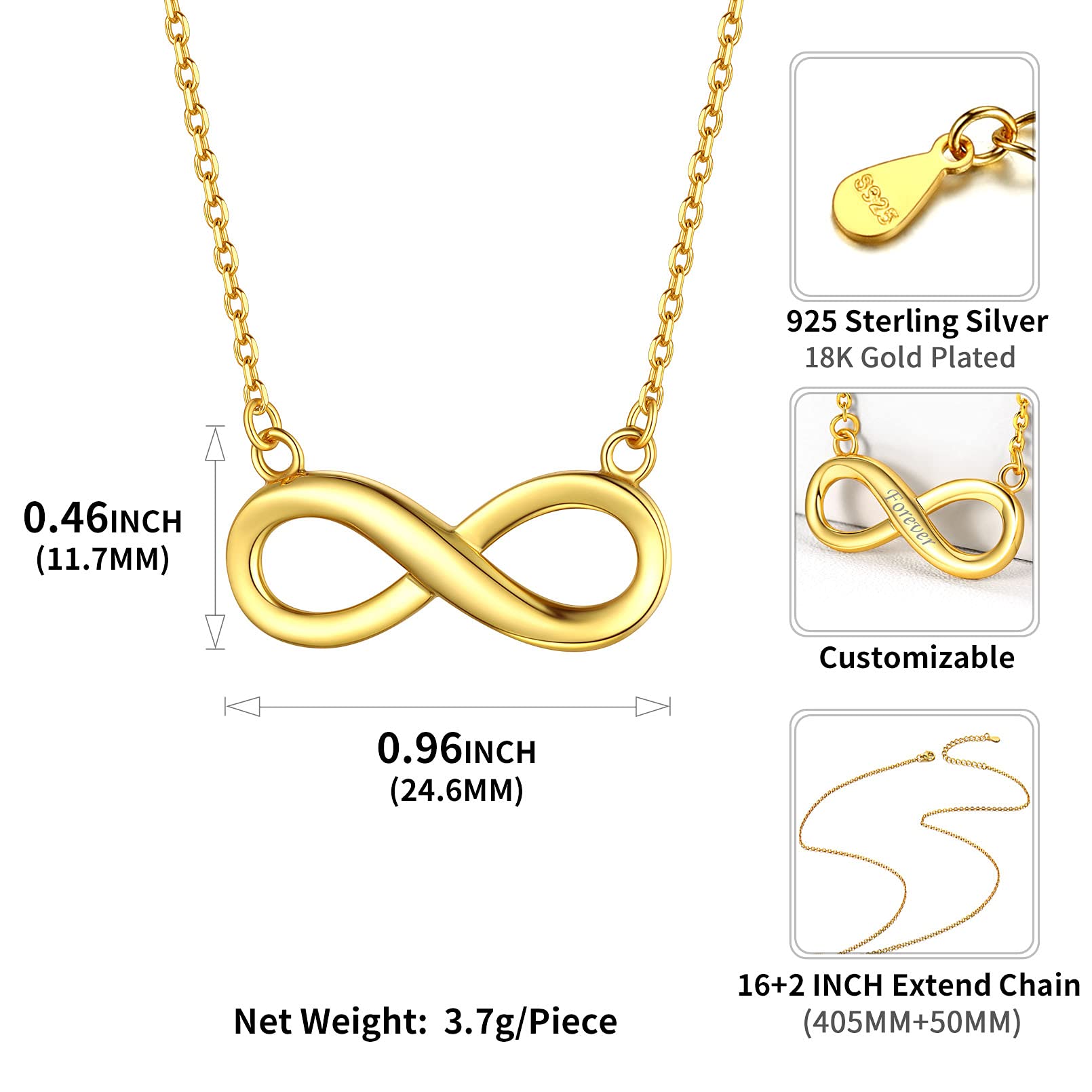 ChicSilver Gold Infinity Necklace for Women 925 Sterling Silver Pendant Necklace Dainty Gold Charm Necklace for Wome