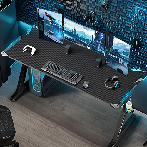 EUREKA ERGONOMIC Z60 Gaming Desk with Led Lights, 60 Inch Large RGB Gaming Computer Desk for Home Office Work Study Writing with Mouse Pad, Easy to Assemble, 24" Wide, Carbon Fiber Black