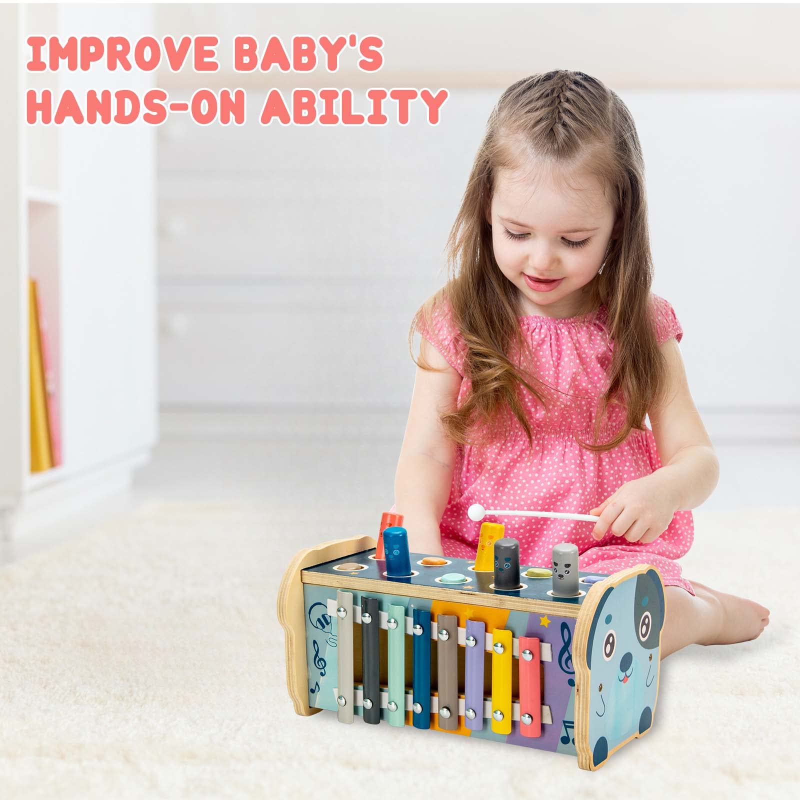 kogabanny Wooden Hammering Toy, Educational Pegs Pound Maze Puzzle Number Sorter Musical Toy with Xylophone, Hammers, Mallets, for Kids
