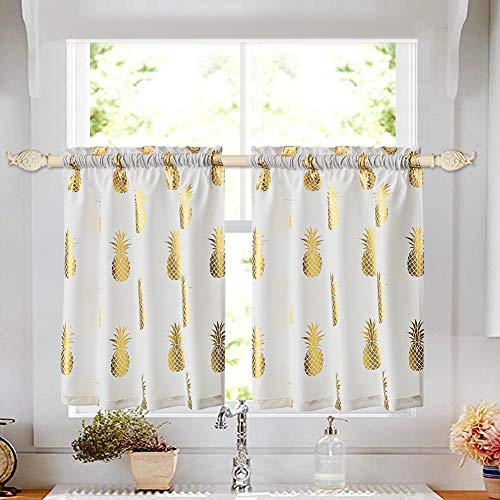 OREMILA Kitchen Curtains 36 Inch Tier Curtains for Living Room Pineapple Cafe Curtains for Bathroom Metallic Print Golden Pineapple Short Window Curtain Set Rod Pocket, 2 Panels