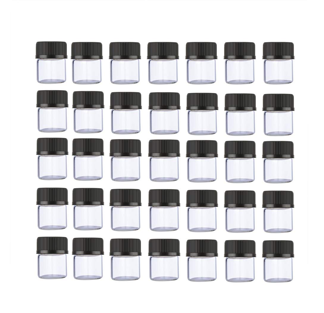 ELFENSTALL 100PCS 1ML 1/4 Dram Mini Clear Glass Essential Oils Sample Bottles with Black Caps for Essential Oils,Chemistry Lab Chemicals, Perfumes. 2X 1ML Plastic droppers