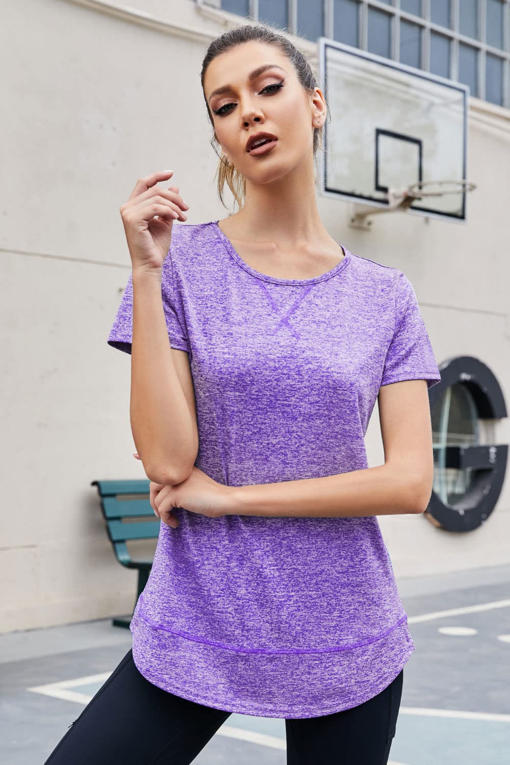 CHAMA Short Sleeve Workout Tops for Women Tshirts Loose Fit Running Plus Size Long Tees Flowy Activewear(Short Purple,Medium)