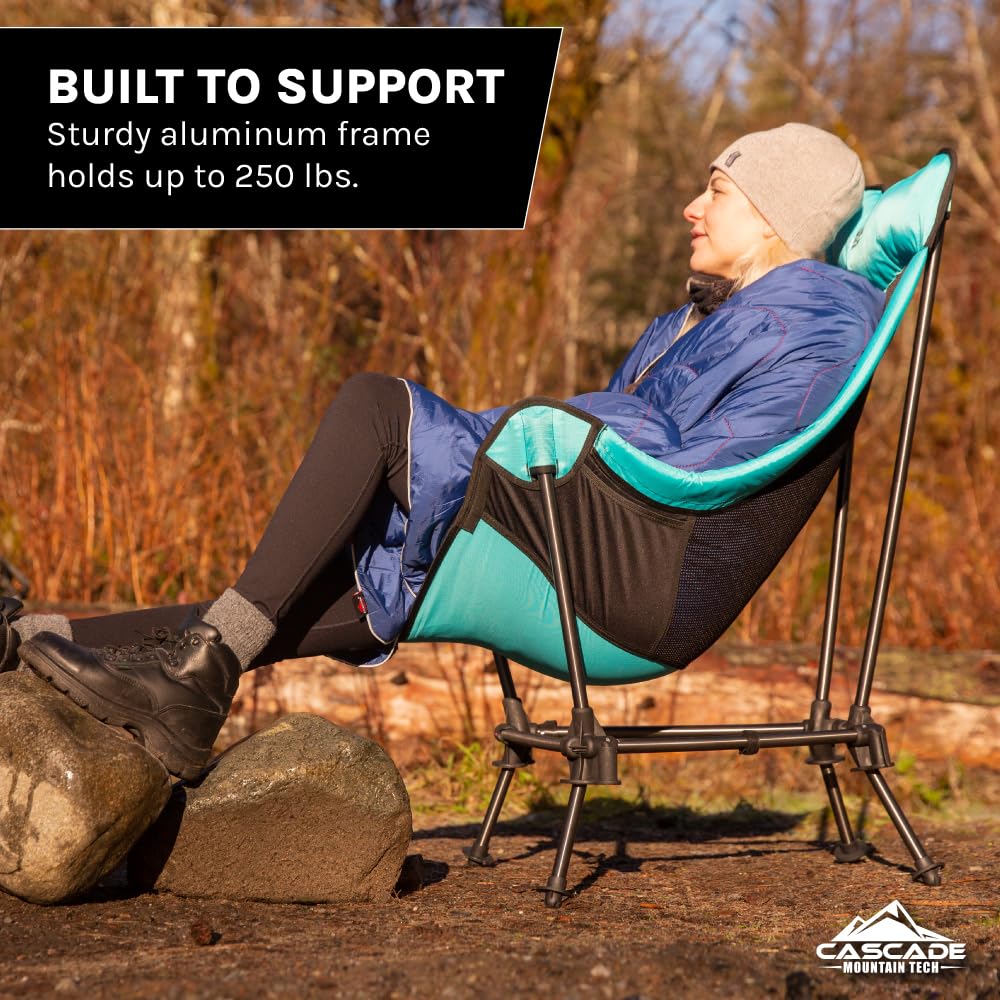 Cascade Mountain Tech Sling Camp Chair with Adjustable Height - Ultralight for Backpacking, Camping, Sporting Events, Beach, and Picnics with Carry Bag