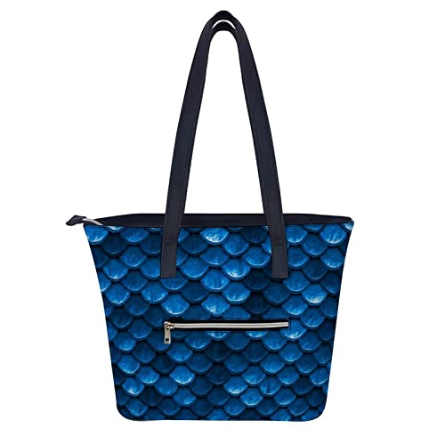 Blue Fish Scales Style Women's Tote Bag PU Leather Shoulder Bag Handbags Purse For Work Shopping Travel