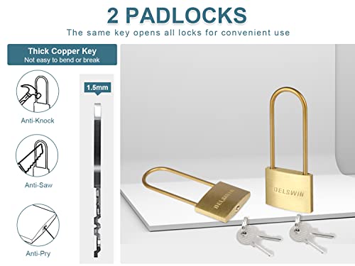 DELSWIN Keyed-Alike Solid Brass Padlock - Small Pad Locks with Same Key Weatherproof Long Shackle Lock for School Gym Locker and Tool Box, Pack of 2