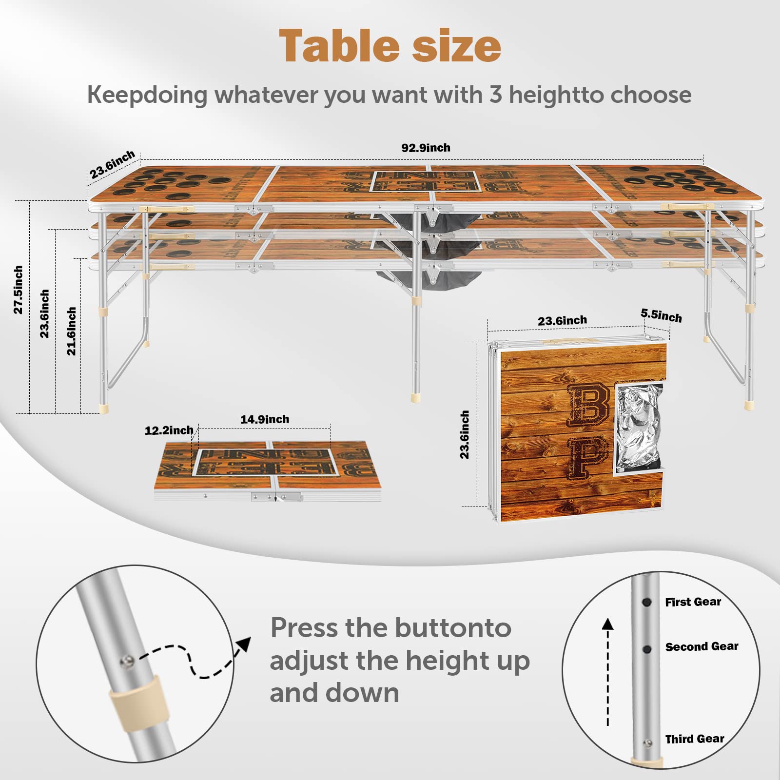Coobi Folding Table,8 Foot Beer Pong Table with Ice Bag & Cup Holes,Adjustable Height,Ideal for College Tailgate Parties