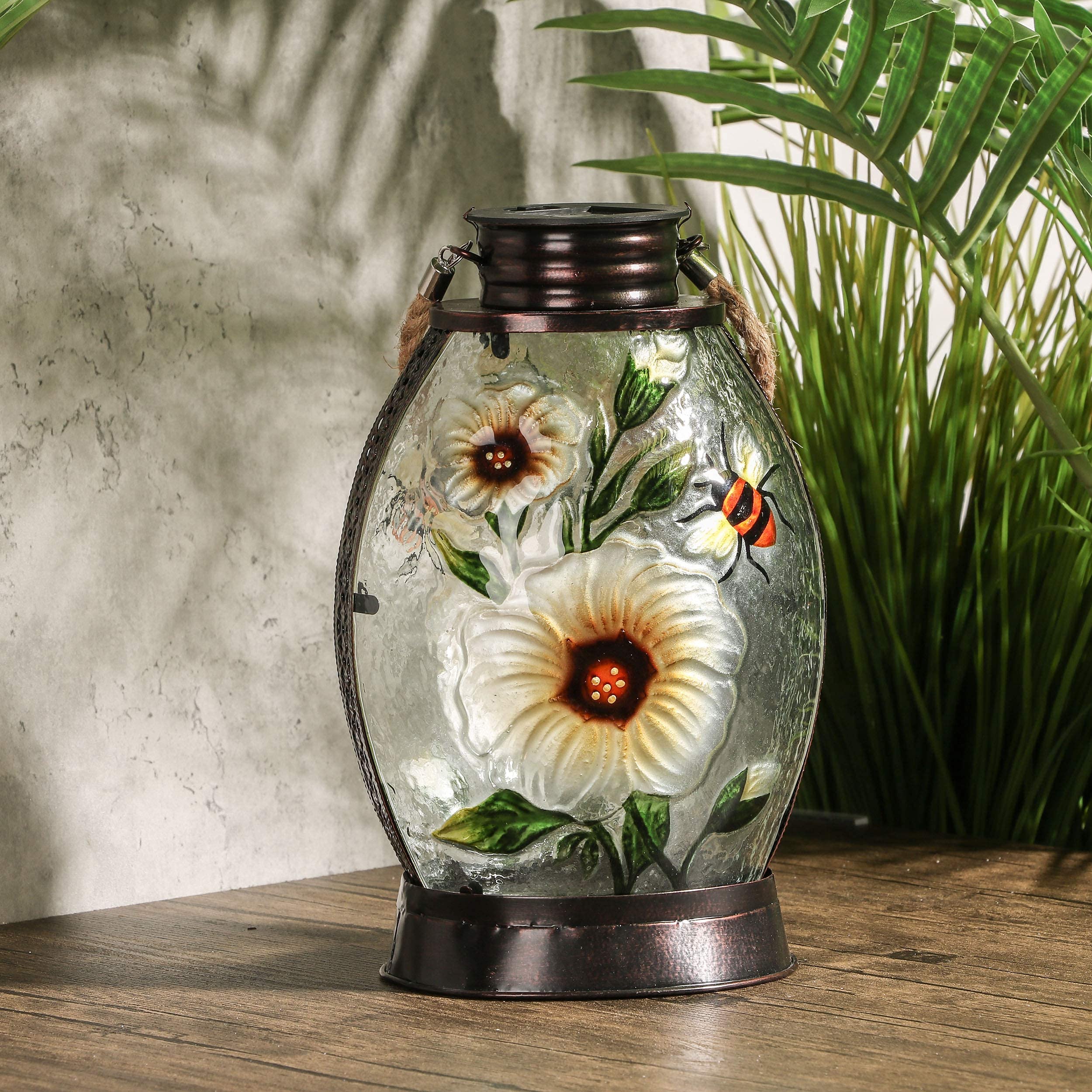 TERESA'S COLLECTIONS Glass Decorative Hanging Outdoor Solar Lanterns Bundle(2PCS) | Bee Gathering Honey Lantern and Blue Heron Lantern for Home Garden Patio Lawn Yard Decor