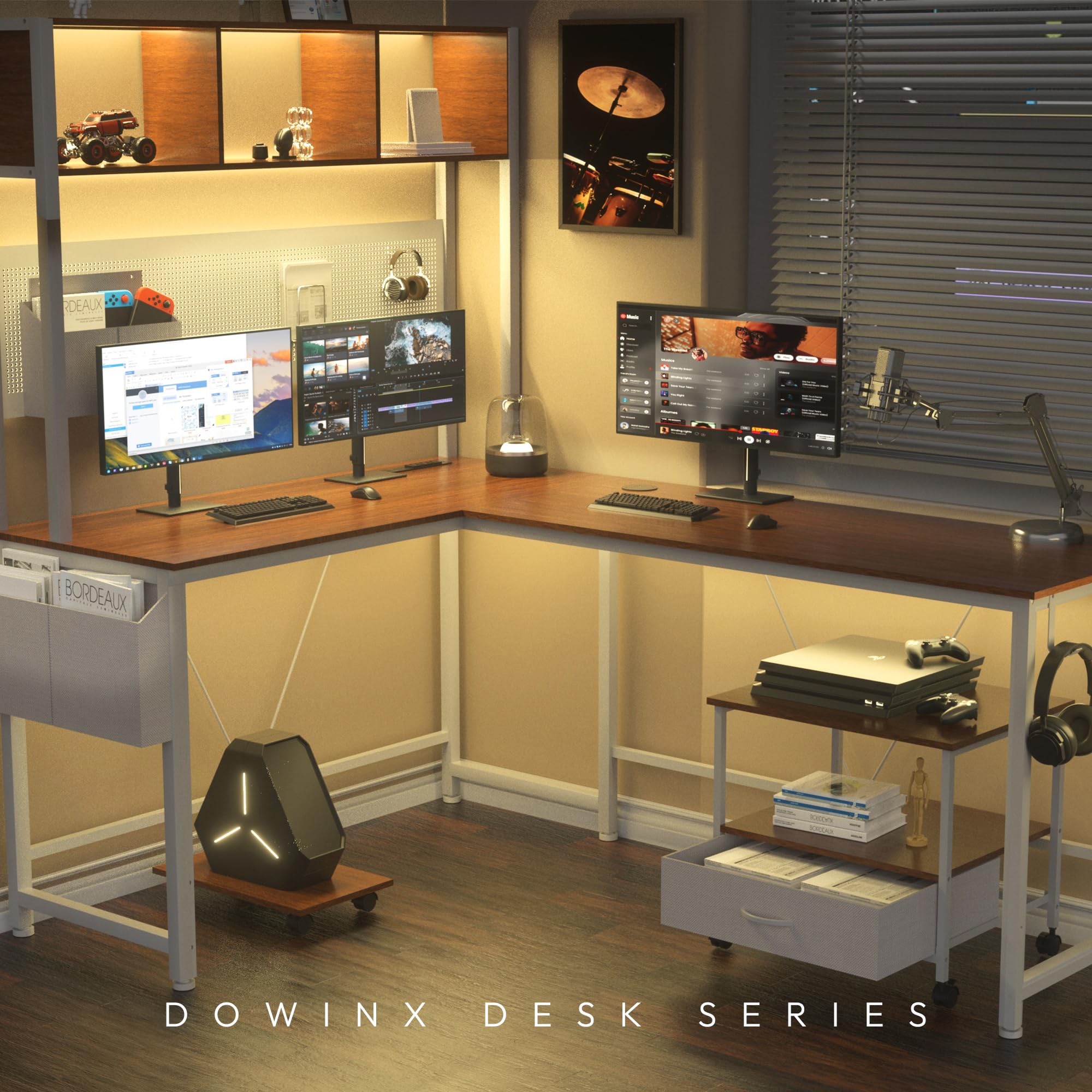 Dowinx L Shaped Desk with Pegboard and Removable Filing Cabinet, Reversible 67β Computer Gaming Desk with Power Outlet and Led, Office Corner Desk with Storage for Home Game, Brown