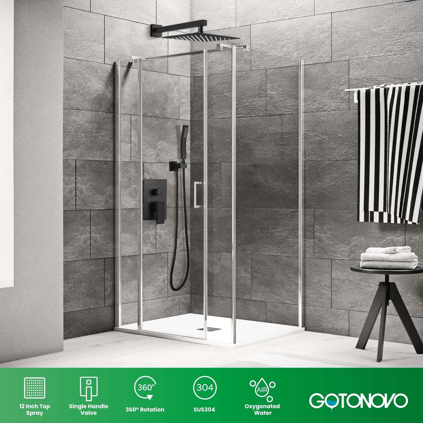 gotonovo Rainfall Bathroom Shower System Rain Shower Head and Handle Set Wall Mounted Shower Complete Combo Solid Brass Pressure Balancing Shower Mixer Valve 12 Inch Matte Black