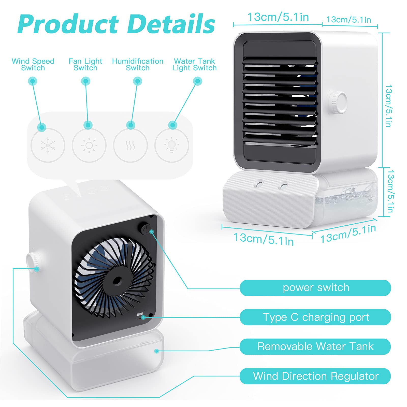 ZEBRE Portable Air Conditioner Fan, Personal Air Cooler, Evaporative Air Cooler Purifier Misting Fan with 7 Colors LED Lights & 3 Speeds for Home Room Office