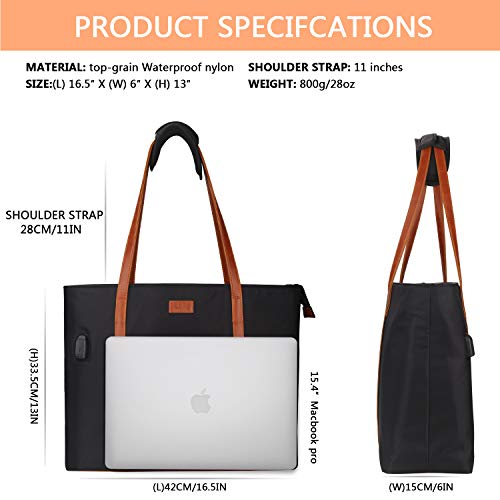 Laptop Tote Bag for Women Teacher Work Office USB Bags Fits 15.6 inches Laptop Lightweight Water Resistant Nylon Tote Bag (Black and Brown Strap)