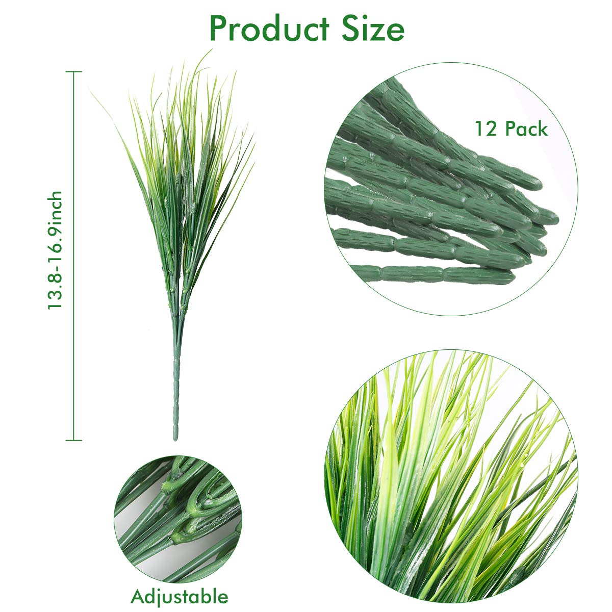 ZEOSTARO Artificial Grasses 12 Bundles Outdoor UV Resistant Fake Grass No Fade Faux Plastic Plants Garden Window Box Decorating(Green Grass)