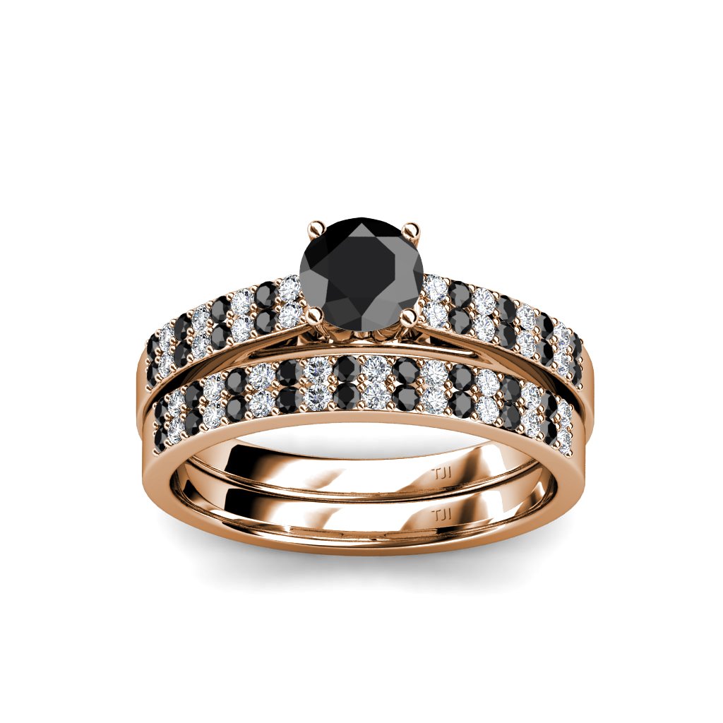 Black & White Natural Diamond Double Row Bridal Set Ring & Wedding Band 1.70 ctw 14K Rose Gold.size 9.0