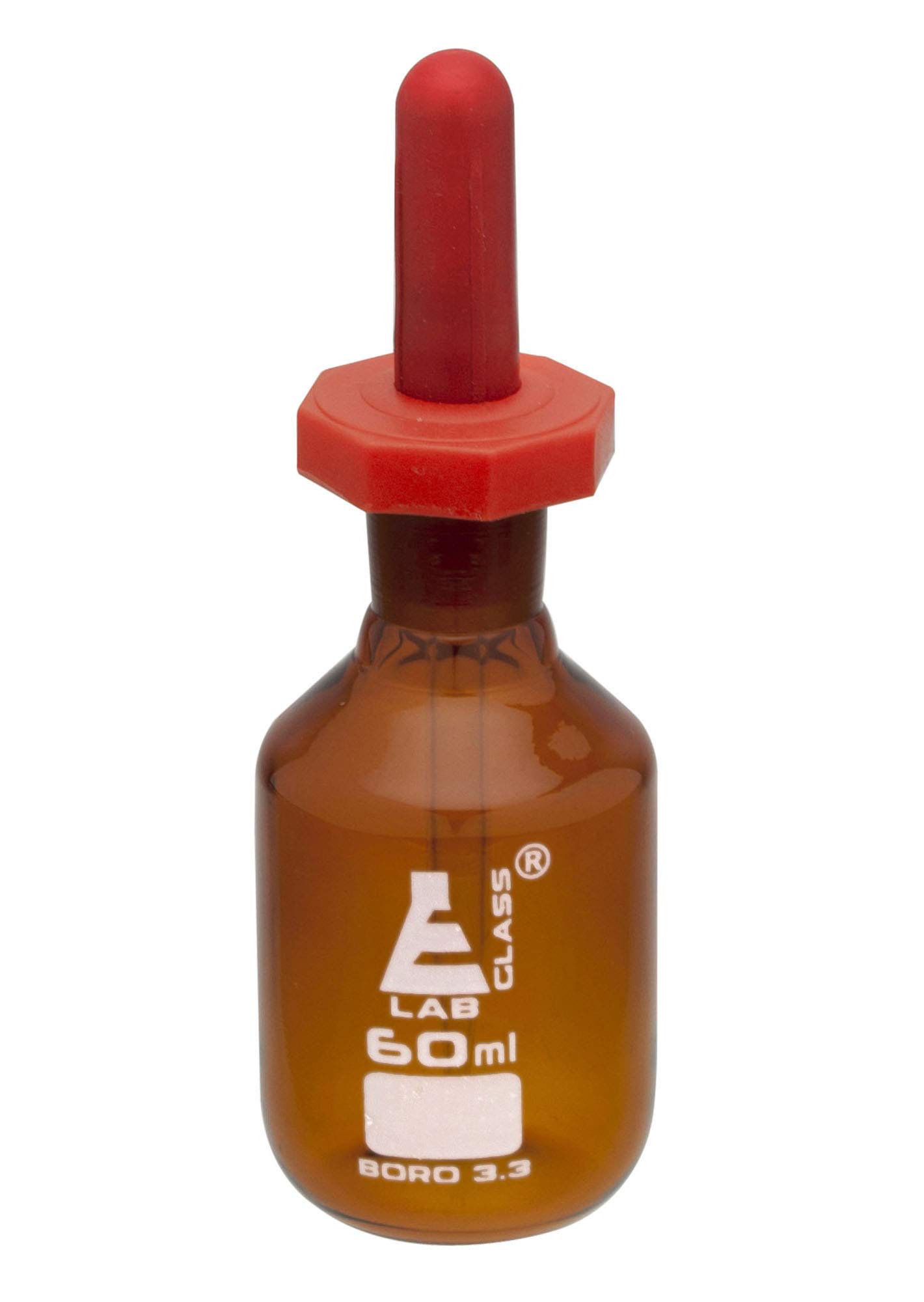 EISCO Dropping Bottle, 60ml (2oz) - Amber Borosilicate 3.3 Glass - Eye Dropper Pipette and Dust Proof Rubber Bulb - Octagonal, Non-screw Top Labs