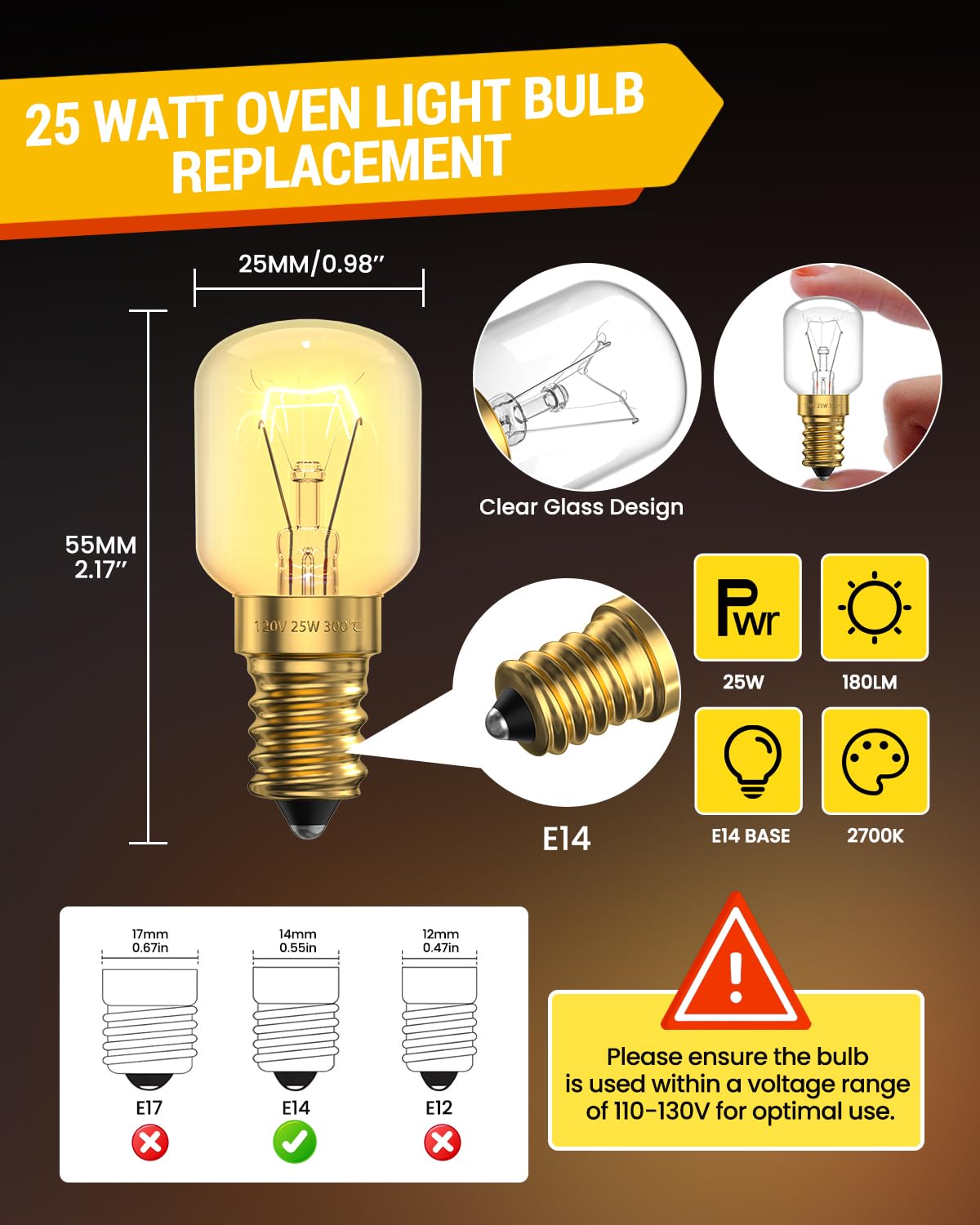 DoRight 25 Watt Oven Light Bulb,E14 T25 300℃ High Temp Appliance Light Bulbs Replacement for Oven, Refrigerator, Microwave,Wax Warmer,120V Clear, Dimmable,2-Pack