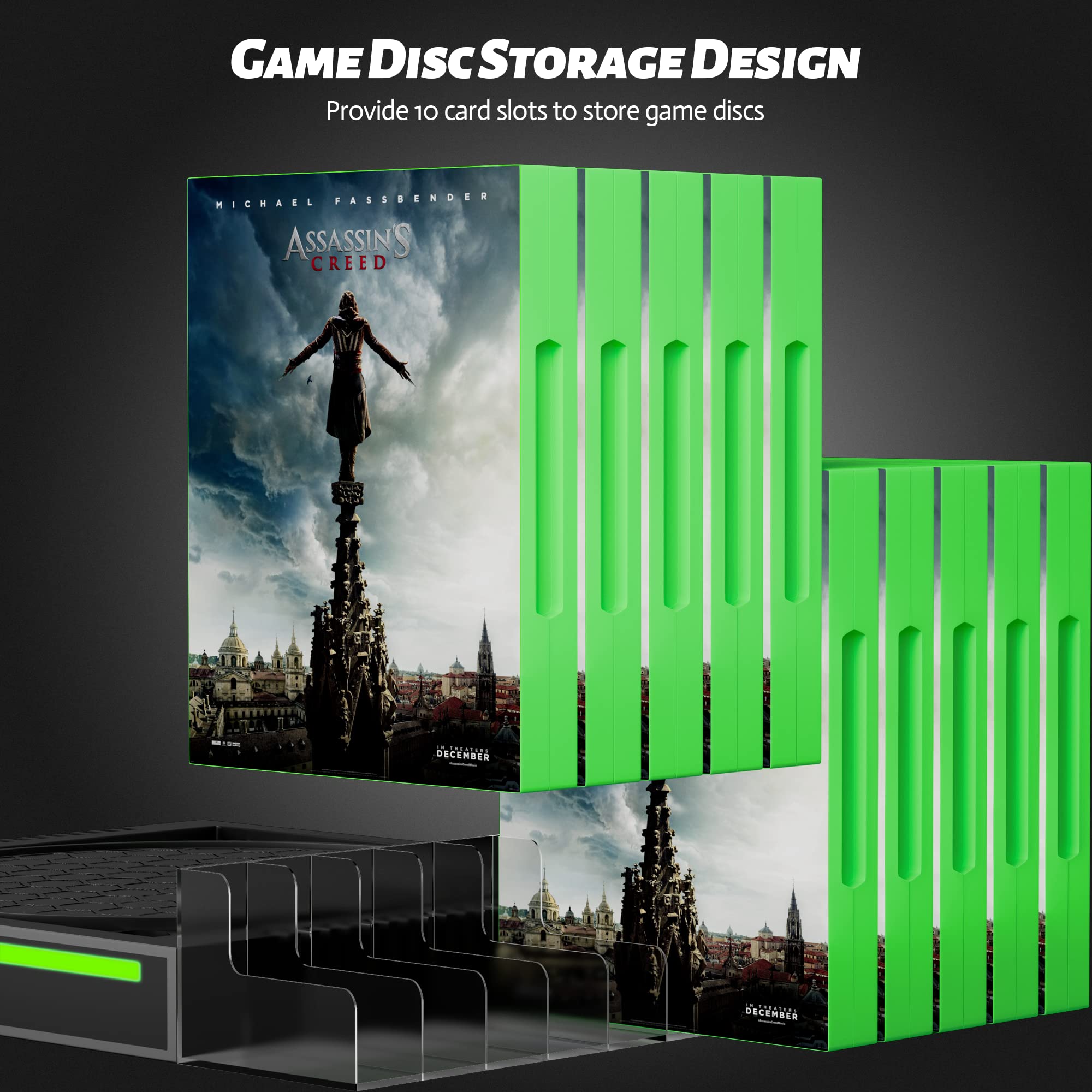 Charging Stand for Xbox Series X, RTTACRTT Dual Controller Charging Station Dock with 2 Rechargeable Battery Pack, 10 Game Storage Organizer & Headphone Holder for Xbox Series X Accessories
