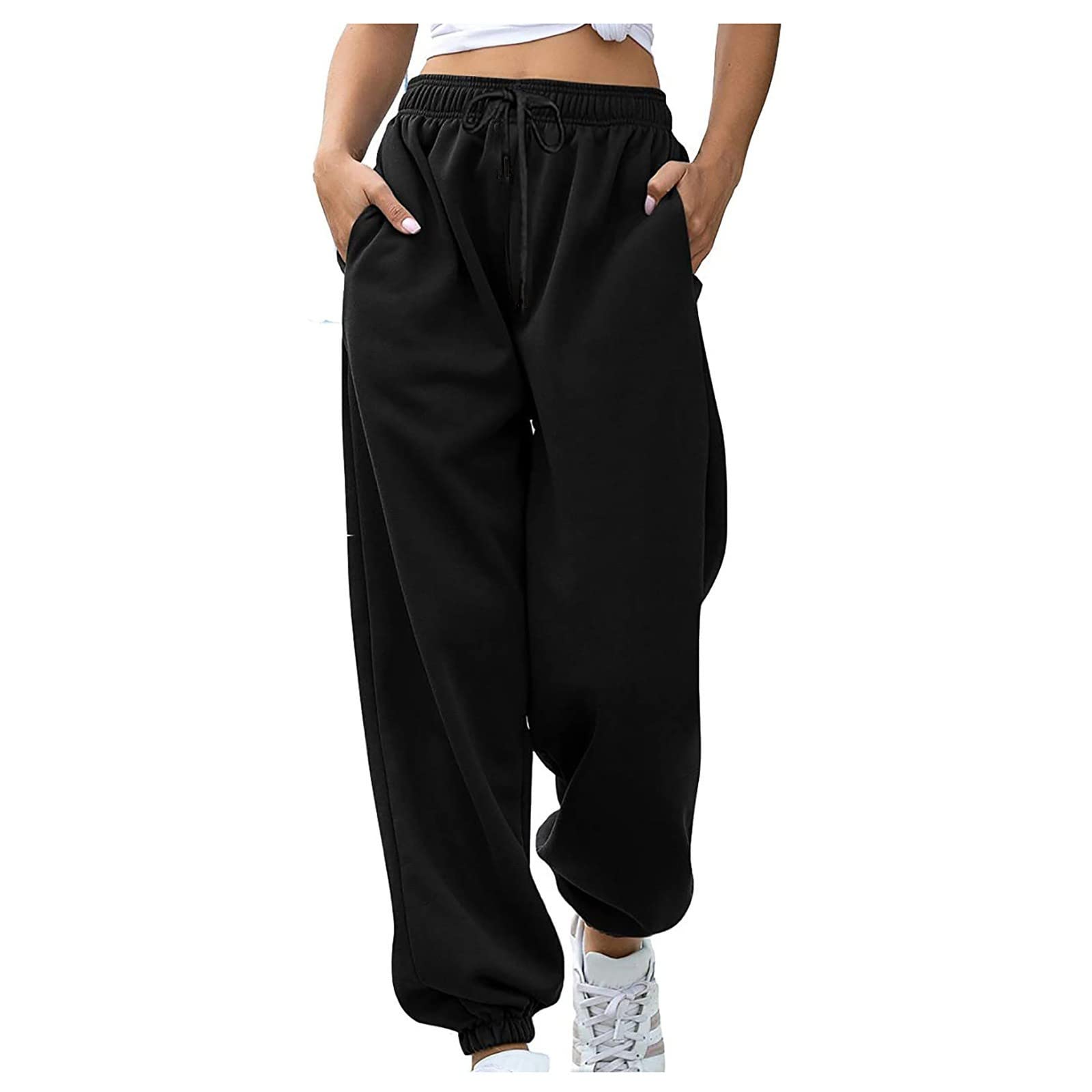 Baggy Sweatpants for Women Drawstring High Waisted Cinch Bottom Yoga Pants with Pockets Casual Relaxed Workout Jogger Pants Black