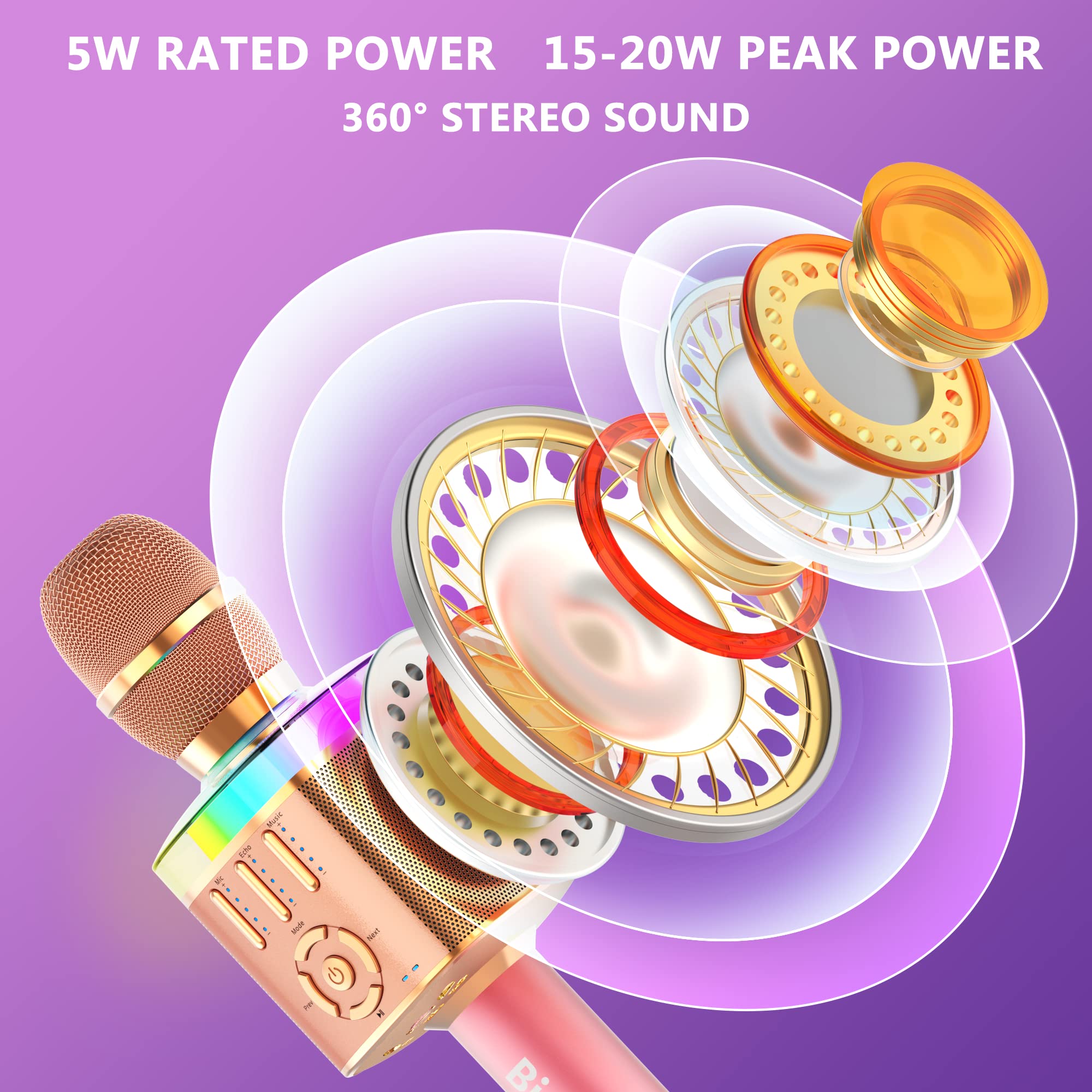 Bietrun Karaoke Microphone for Singing with 4 Magic Sounds, Bluetooth Portable Metal Handheld Cordless Dynamic Rechargeable Wireless Mic with Speaking, RGB Light, 8hrs Work Time, AUX, TF