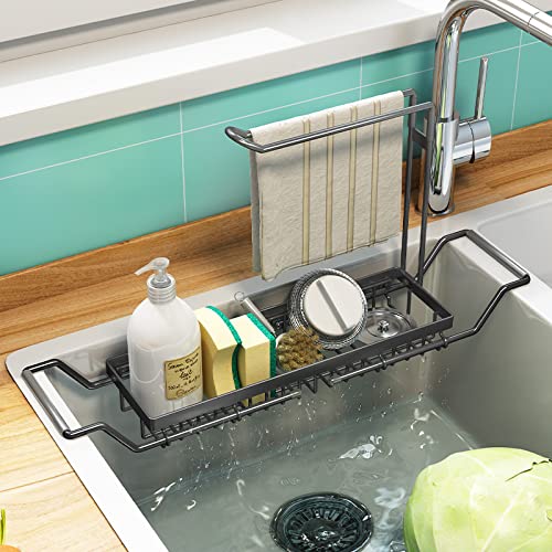 Sponge Holder for Kitchen Sink Telescopic Sink Storage Rack, Expandable for Sponge Brush Soap Dish Cloth Rag 16.7" to 21.3"(201 Stainless Steel) (Black Upgrade)