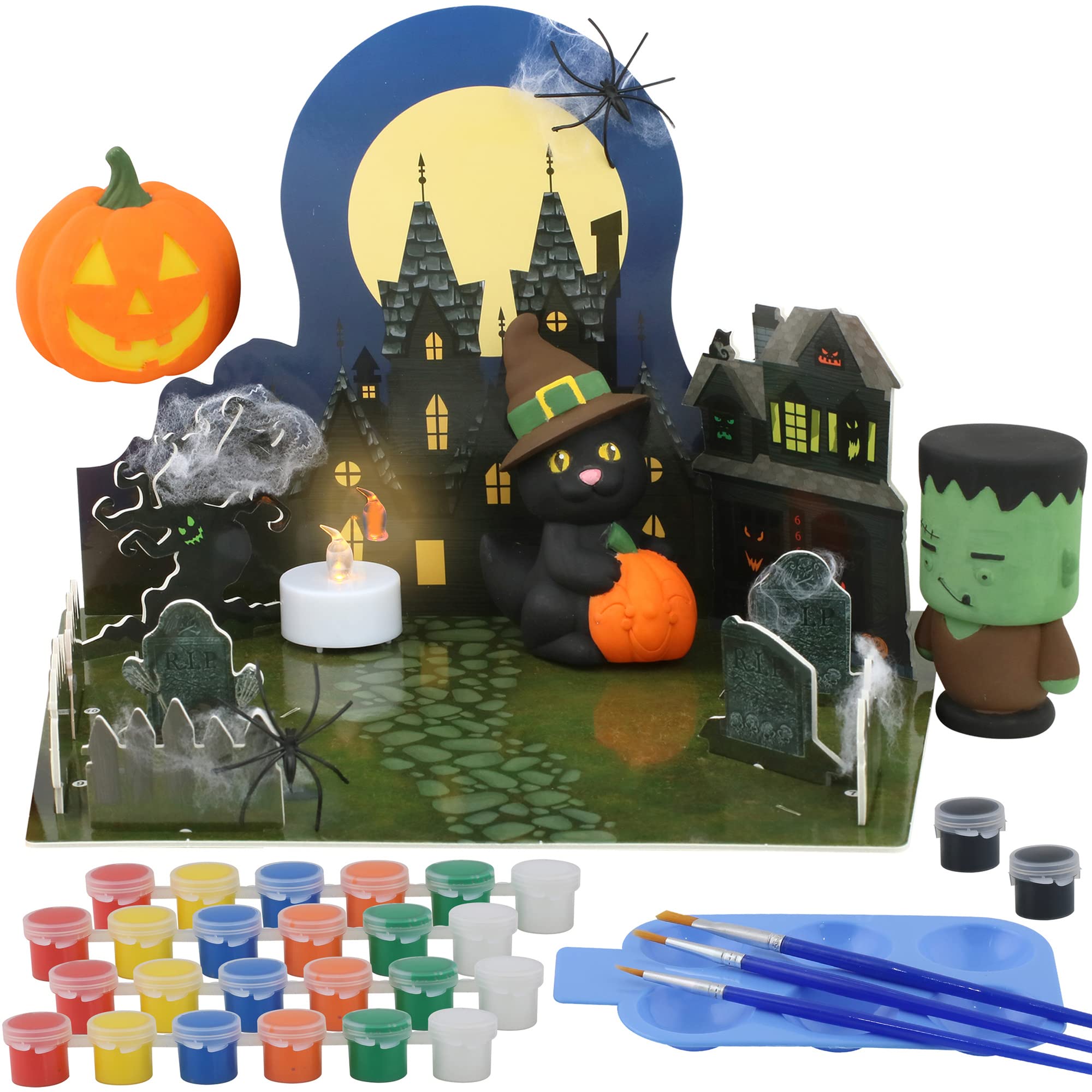 BRASS TACKS KITS FOR CRAFTY KIDS Kid Painting Halloween Craft Puzzle, with 3 Figurines, Paint, Brushes, Background, Spiders, Webs, and Flickering Light
