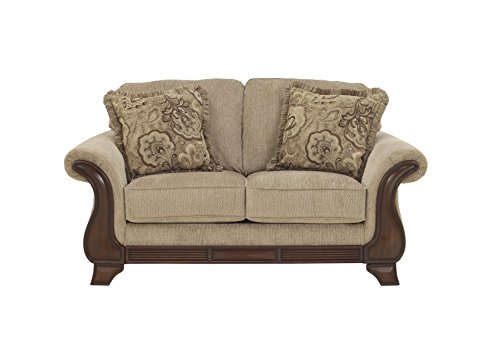 Signature Design by Ashley Lanett Traditional Faux Wood Detail Loveseat with 2 Accent Pillows, Beige
