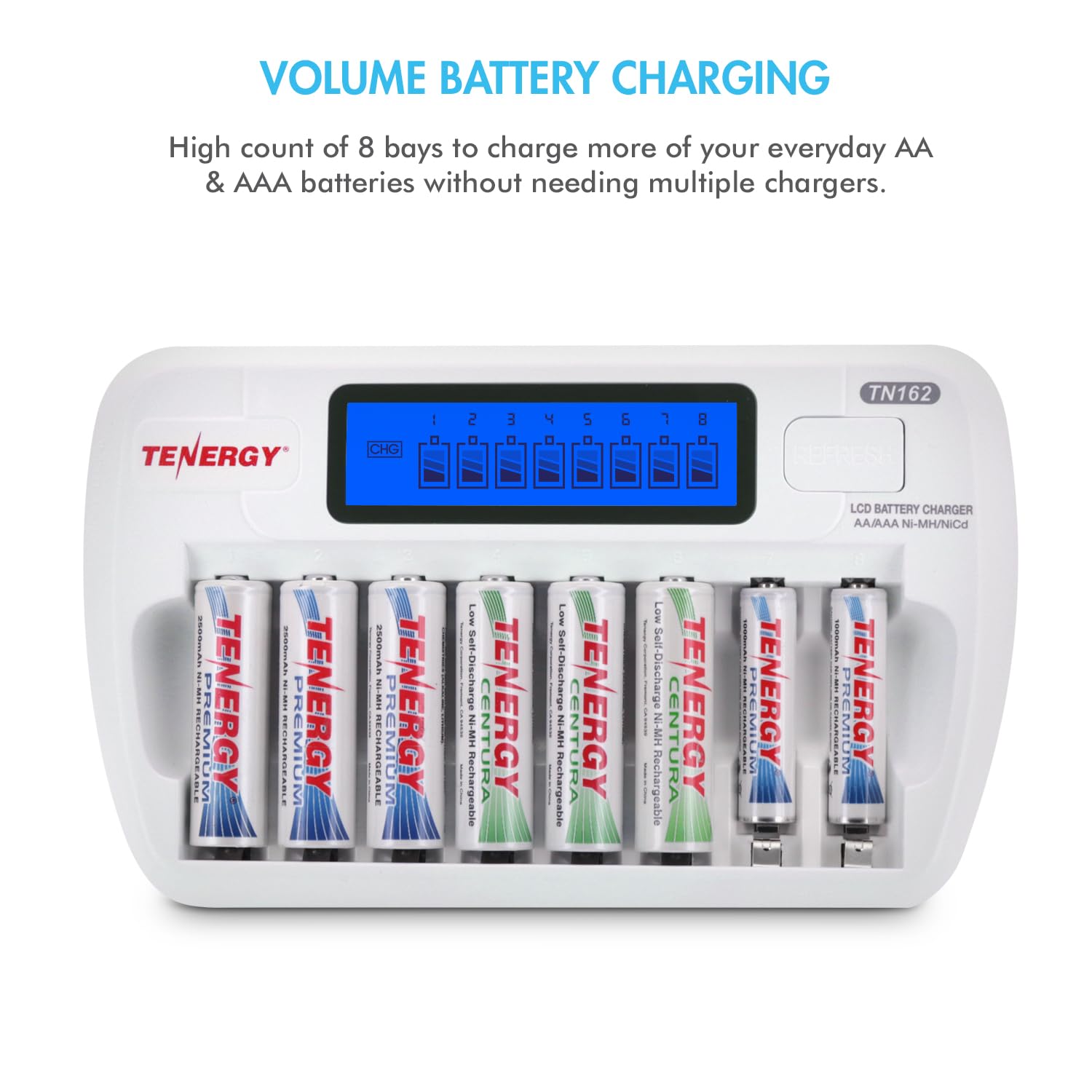 Tenergy TN162 8-Bay Smart LCD Battery Charger for Rechargeable AA/AAA NiMH/NiCd Batteries