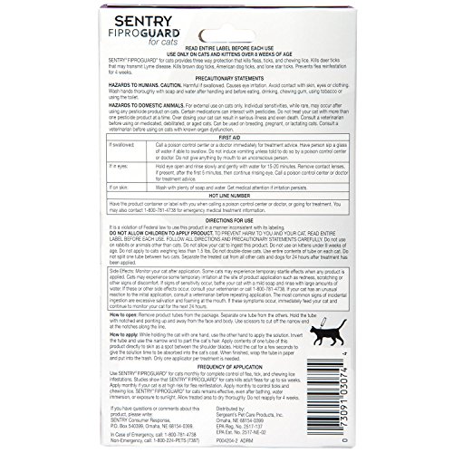 SENTRY Fiproguard for Cats, Flea and Tick Prevention for Cats (1.5 Pounds and Over), Includes 6 Month Supply of Topical Flea Treatments