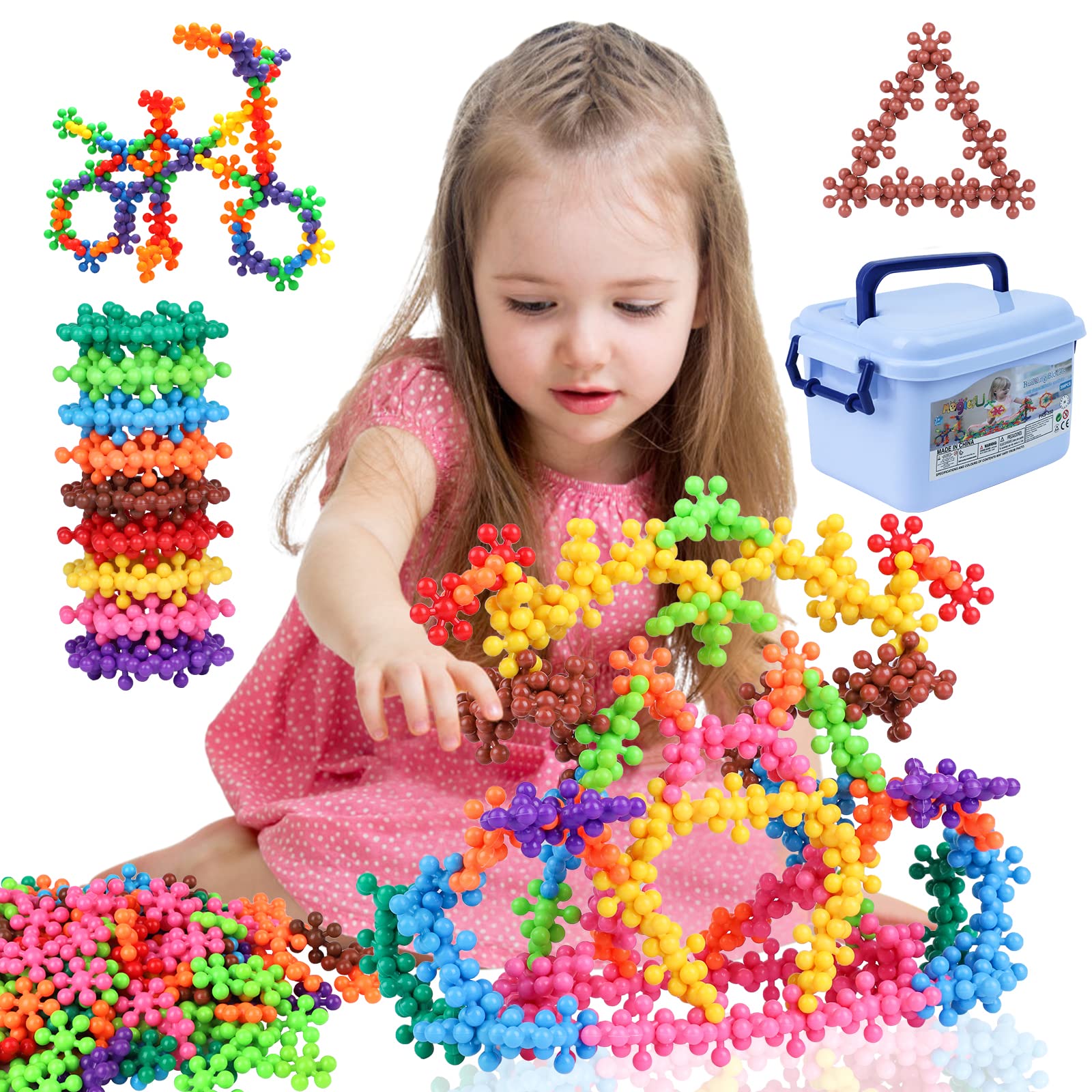 Magic4U 350PCS Building Toys for Kids with Storage Box, STEM Interlocking Blocks Preschool Educational Learning Plastic Connect Block Snowflake Toys for Boys&Girls Aged 3+