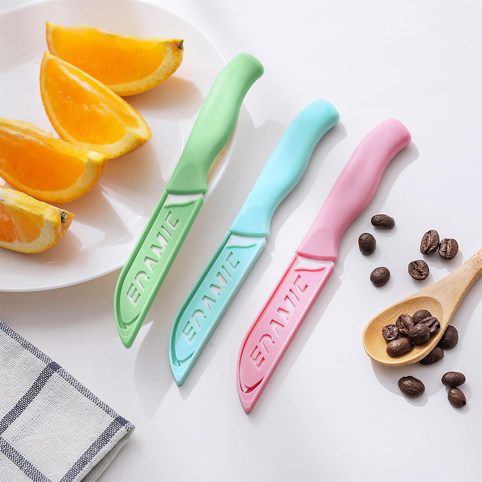 DUFEIMOY 3 Inch Ceramic Knife Set, Small Paring Knives Set of 3, Sharp Kitchen Knives with Sheath, Bright Colored Blue, Green, Pink Knife