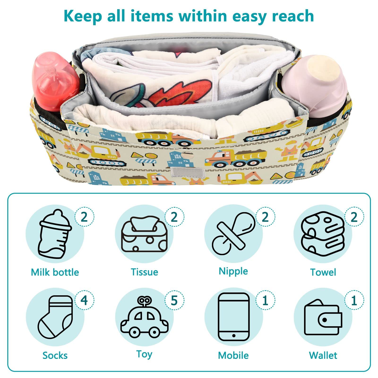 Cartoon Car Stroller Organizer with Cup Holder Universal Stroller Organizer Bag Detachable Shoulder Strap Stroller Accessories for Diaper Snacks Toys Keys Fit All Baby Stroller