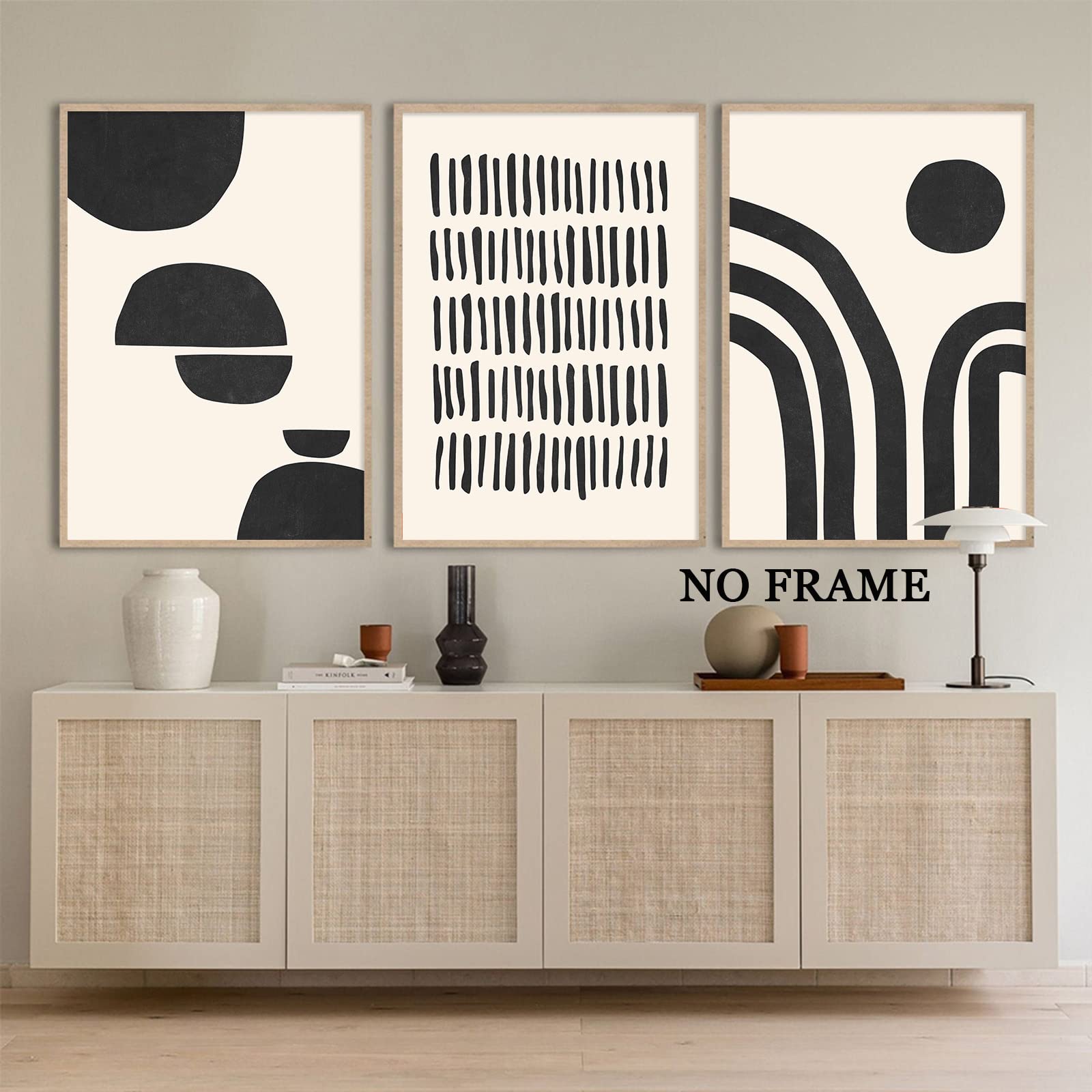 Black and White Abstract Wall Art Boho Line Abstract Drawings Poster Black Stroke Painting Beige Black Abstract Shapes Canvas Modern Geometric Pictures Abstract Line Artwork Print 16x24inchx3 No Frame