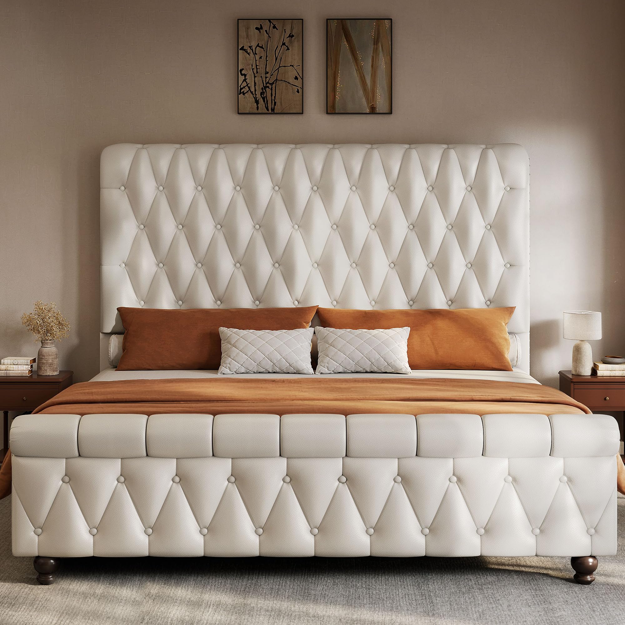 DWVO King Size Platform Bed Frame with 58" Tall Headboard and Footboard, PU Leather Upholstered Platform Bed with Solid Wood Leg, Button Tufted, No Box Spring Needed, Easy Assembly, Beige