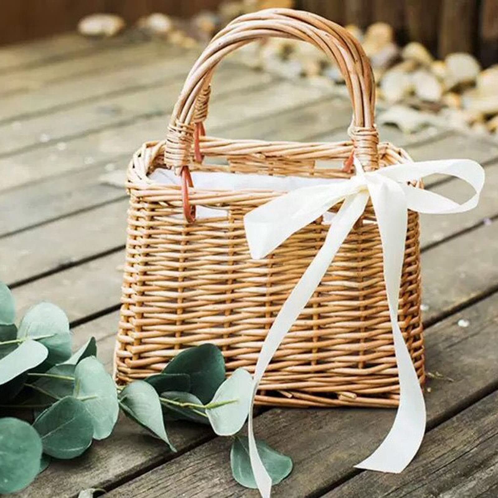 Duiaynke 1 Piece Rattan Basket Handmade Woven Tote Bag Used for Decor or Storage Grocery Basket Holiday Travel Storage Basket (Rectangle)