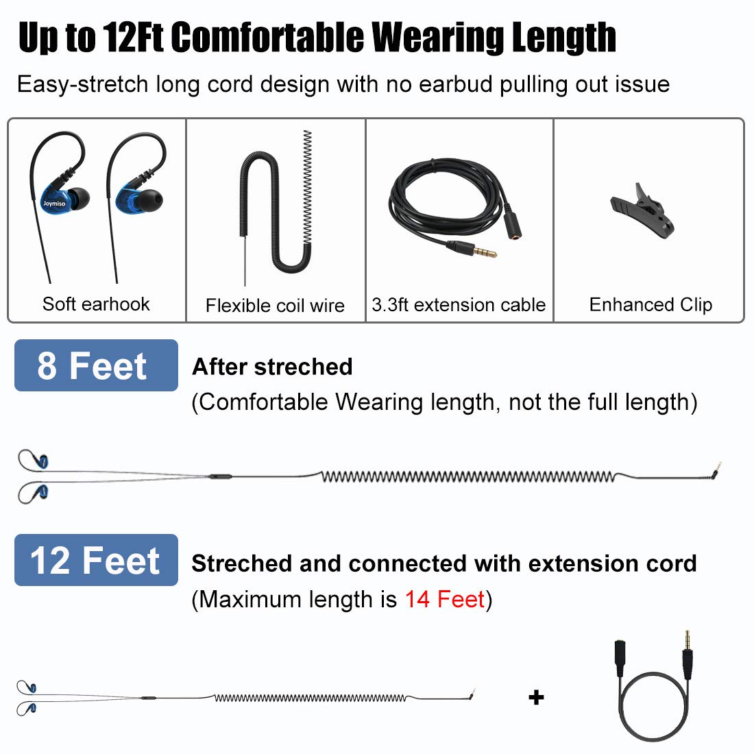 Joymiso Earbuds Headphones with 12Ft Extra Long Cord Length & Long Cord Durable Metal Earphones Earbuds Bundle, with Mic and Volume Control, for Cell Phones Computer Laptop TV, Deep Bass Clear Sound