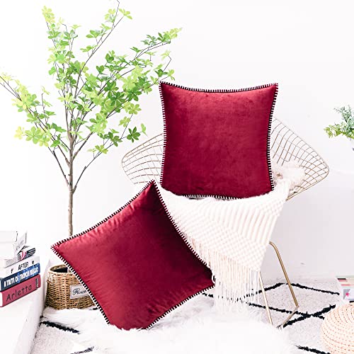 GAWAMAY Velvet Farmhouse Spring Pillow Covers 18x18 Set of 2,Decorative Green Throw Pillows with Chenille Thread Edge,Square Boho Couch Pillows for Living Room Sofa Couch Beding(45x45cm) Burgundy Red