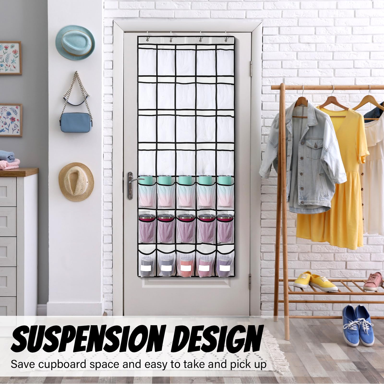 GliCraft 35 Pockets Over the Door Water Bottle Organizer Hanging Water Bottle Organizer with Elastic Strap Mesh Bag and Pen Water Bottle Holder for Door Closet Pantry Storage Rack(White)