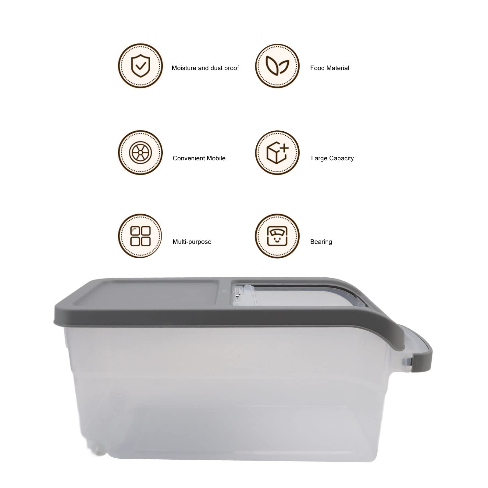 CHICIRIS Rice Storage Container, 22 pounds Transparent Rice Bin Cereal Dispenser Airtight Grain Holder with Measuring Cup and Wheels for Organization, 15.2 x 7.2 x 8.3 (Grey)