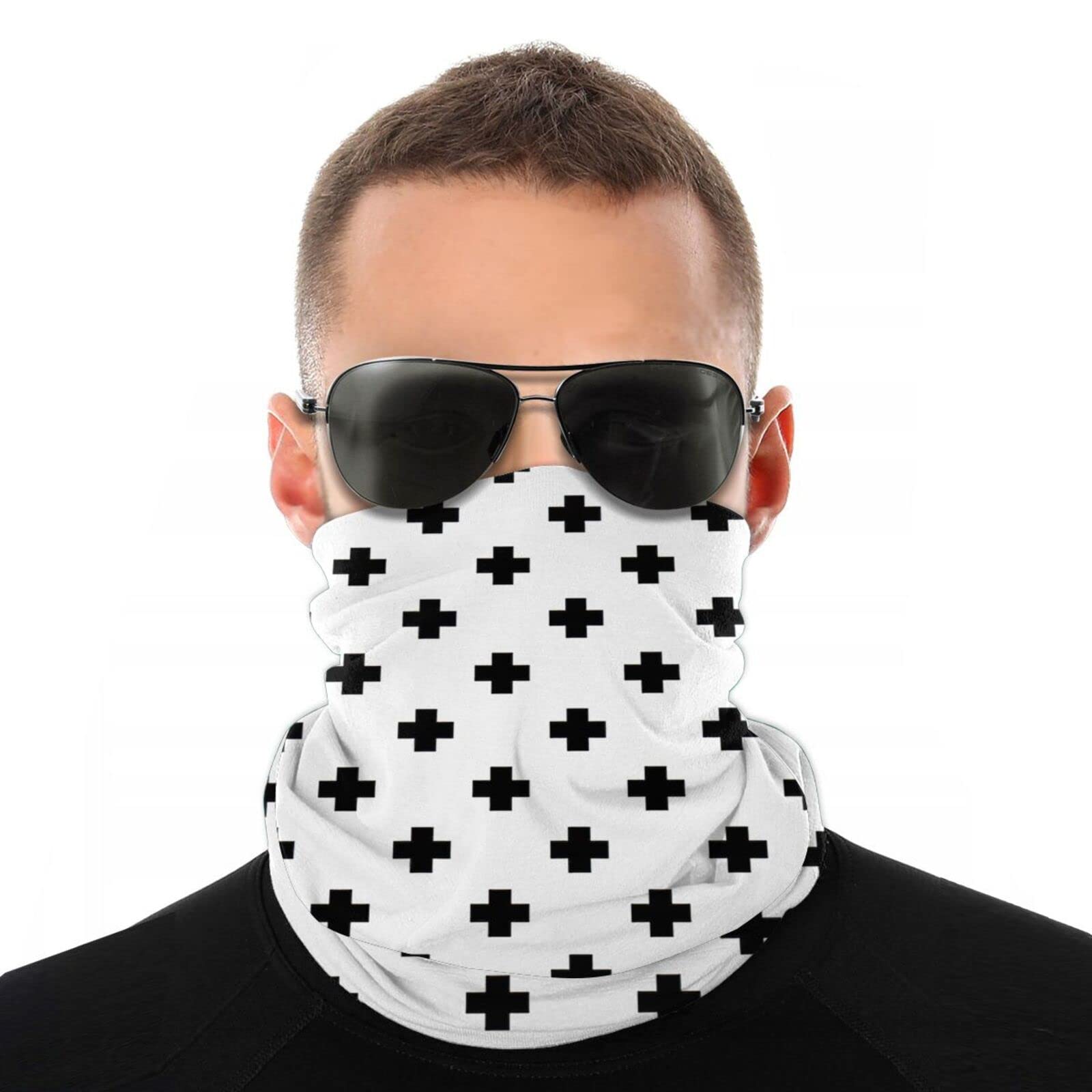 Black and White Swiss Cross Pattern Face Mask Neck Gaiter Bandana Warmer Lightweight Balaclava Black