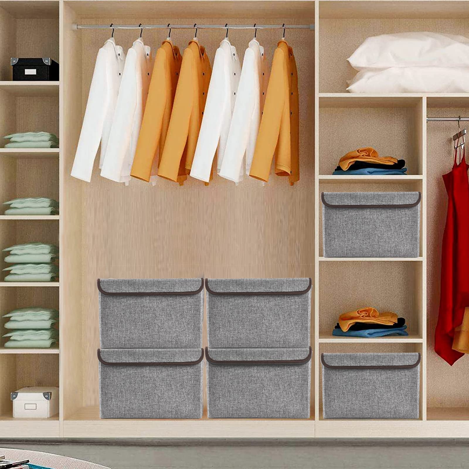 Bagnizer Large 22 Quart Linen Fabric Foldable Storage Bin Cube Organizer Basket with Flip-Top Lid & Handles, Large Clothes Blanket Box for Home, Office, Closet, 4 Pack 14.6 x 9.5 x 9.5”
