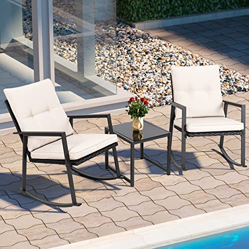 JAMFLY 3-Piece Patio Rocking Bistro Set, Outdoor Wicker Furniture Balcony Porch Chairs Conversation Sets with Glass Coffee Table (Beige)