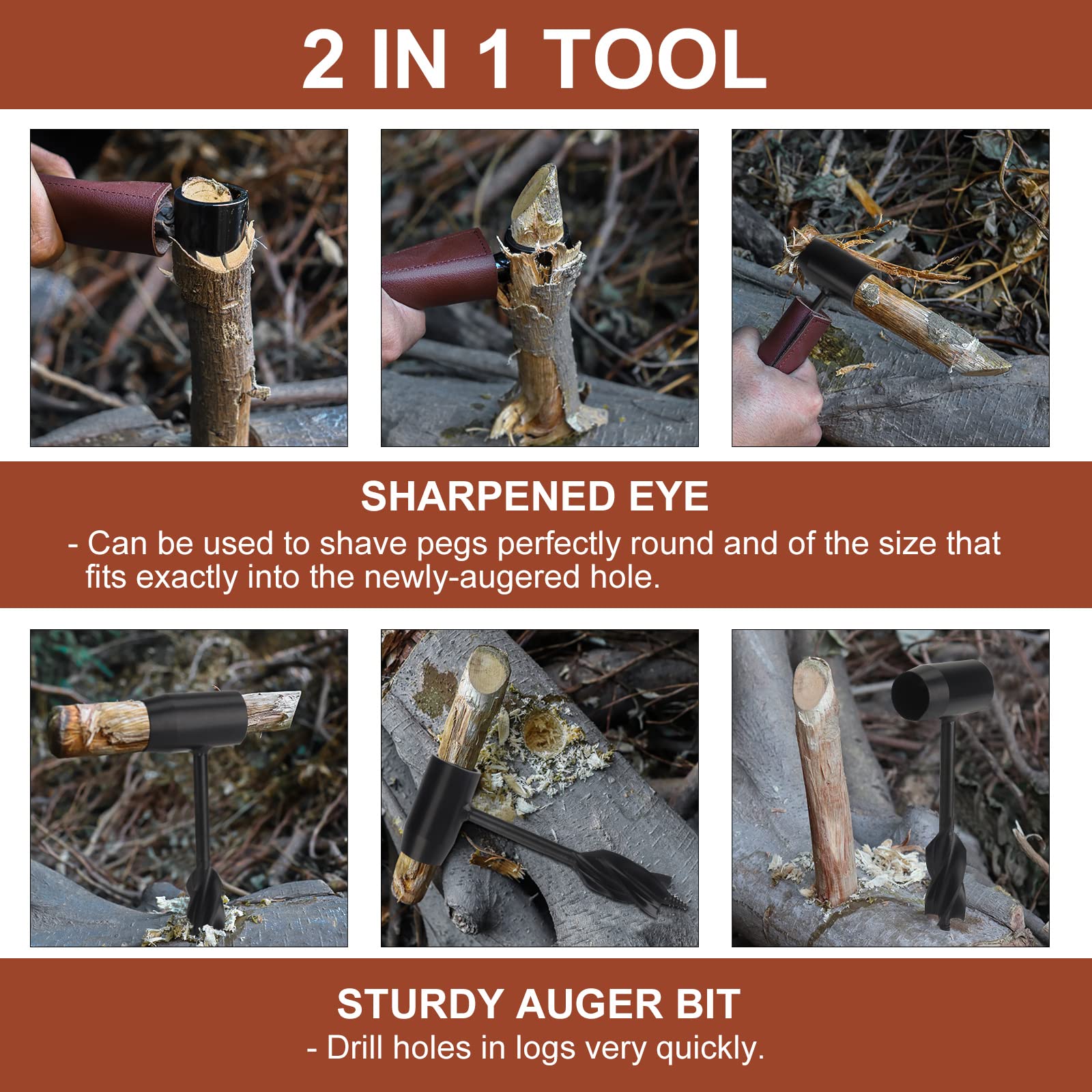 Kosibate Bushcraft Tools,Camping and Outdoor Backpacking Gear,Survival Tools for Bushcraft Settlers Wrench, Outdoor Wood Peg and Hole Maker,Hand Auger with Holster (Black)