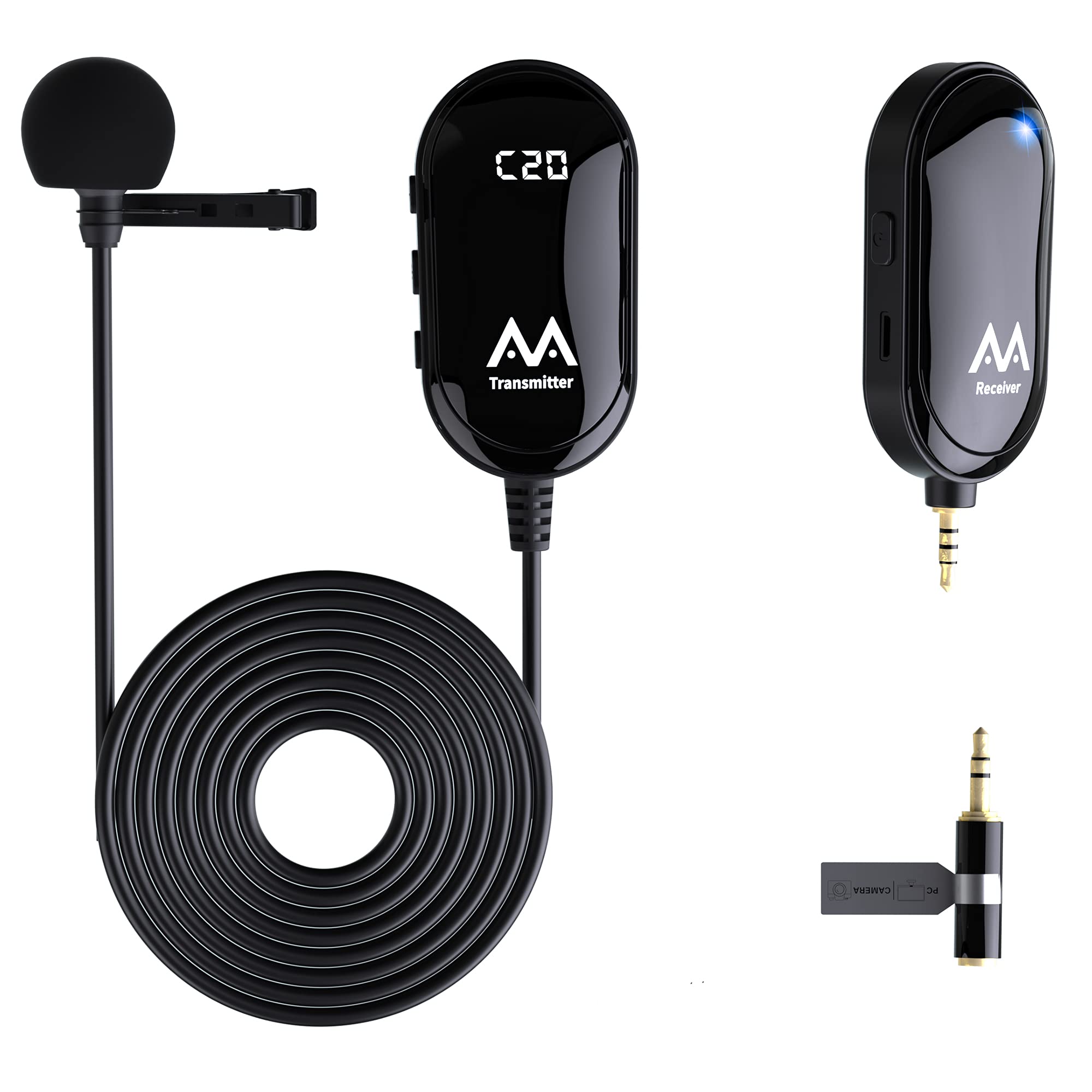 Wireless Lavalier Microphone System Wireless Lapel Mic Micro Rechargeable Recording with Monitor Jack for iPhone iPad Smartphone Camera Laptop YouTube Interview Vlog Video