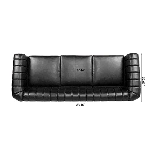 EMKK 84'' PU Leather Chesterfield Sofa Couch, 3-Seater Sofá for Living, Mid-Century Modern with Solid Wooden Frame & Padded Cushions, Apartment, Lounge Room, Black New-1