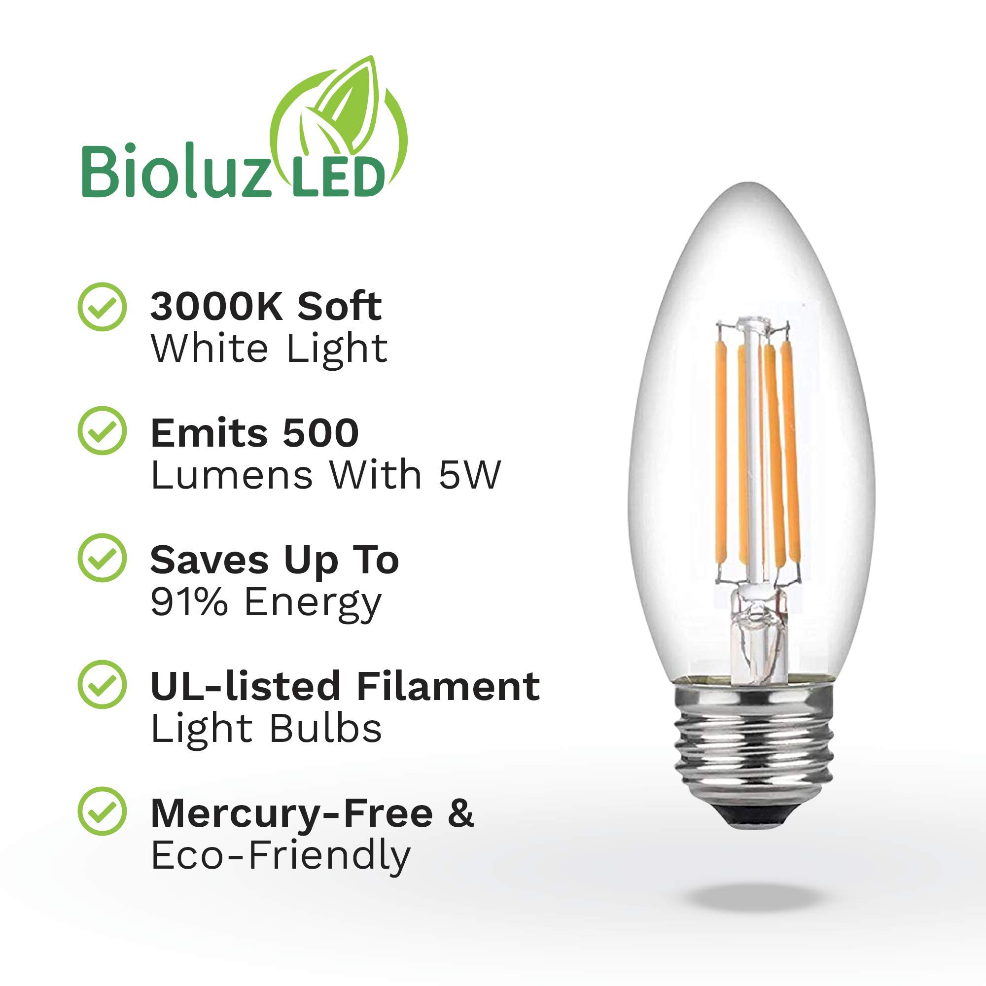 Bioluz LED 93 CRI Medium Base Candelabra Dimmable Filament Clear 60 Watt LED Bulbs (Uses only 5 watts) E26 Base C37 LED Filament Candle Bulbs Title 20 6-Pack