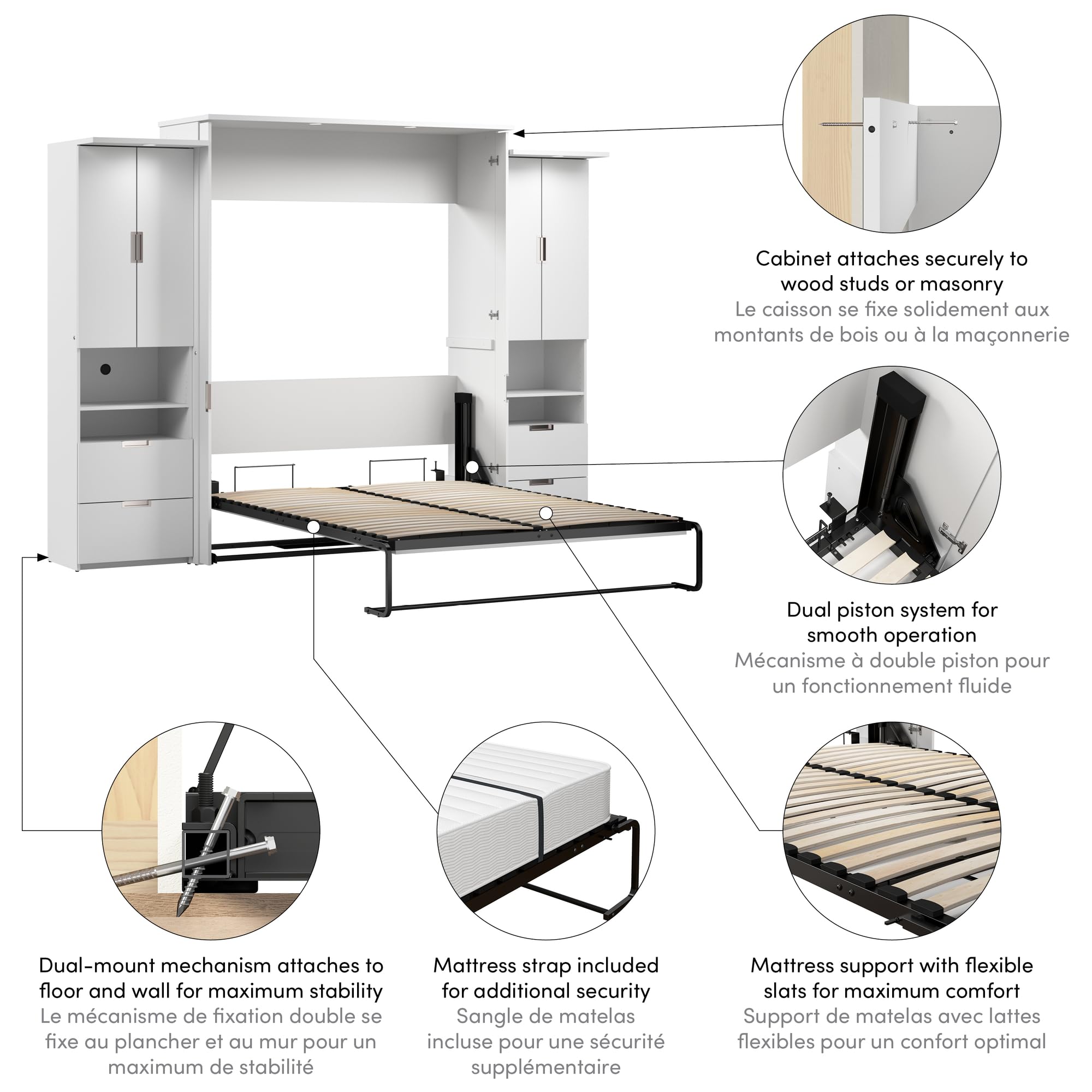 Bestar Lumina Murphy Bed with Desk and 2 Storage Cabinets in White, Sleeping Arrangement with Drawers, Queen