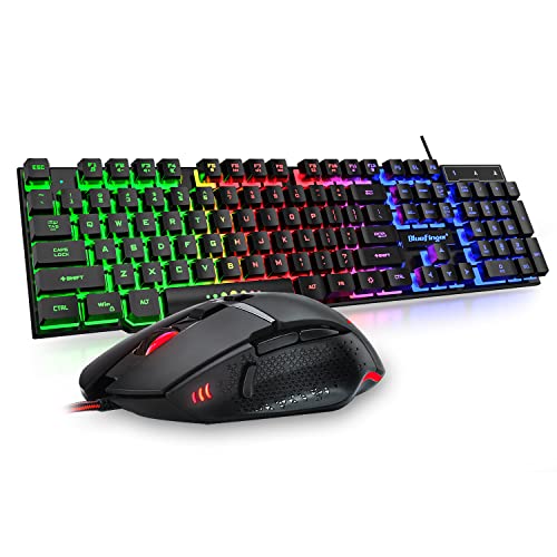 BlueFinger Rainbow Wired Gaming Keyboard and Mouse Combo, RGB Backlit Keyboard with 104 Key, USB Illuminated Gaming Mouse Set for Computer PC Gamer Laptop Mac PS5