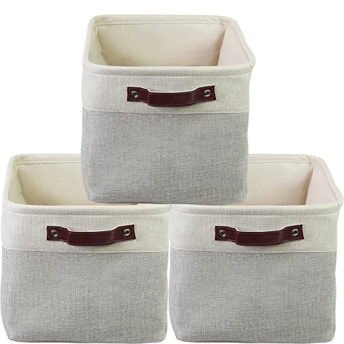 Simple Houseware 3 Pack Grey Fabric Storage Bin with Leather Like Handles